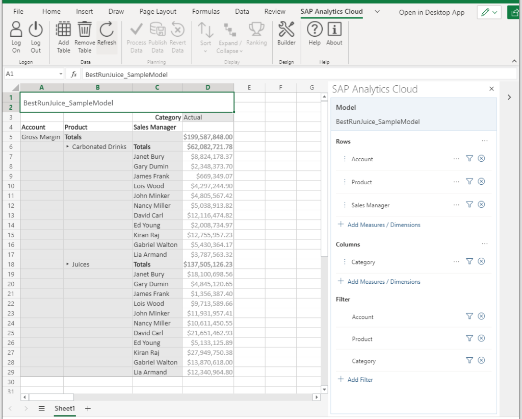 Dodatek SAP Analytics Cloud do Microsoft Excel